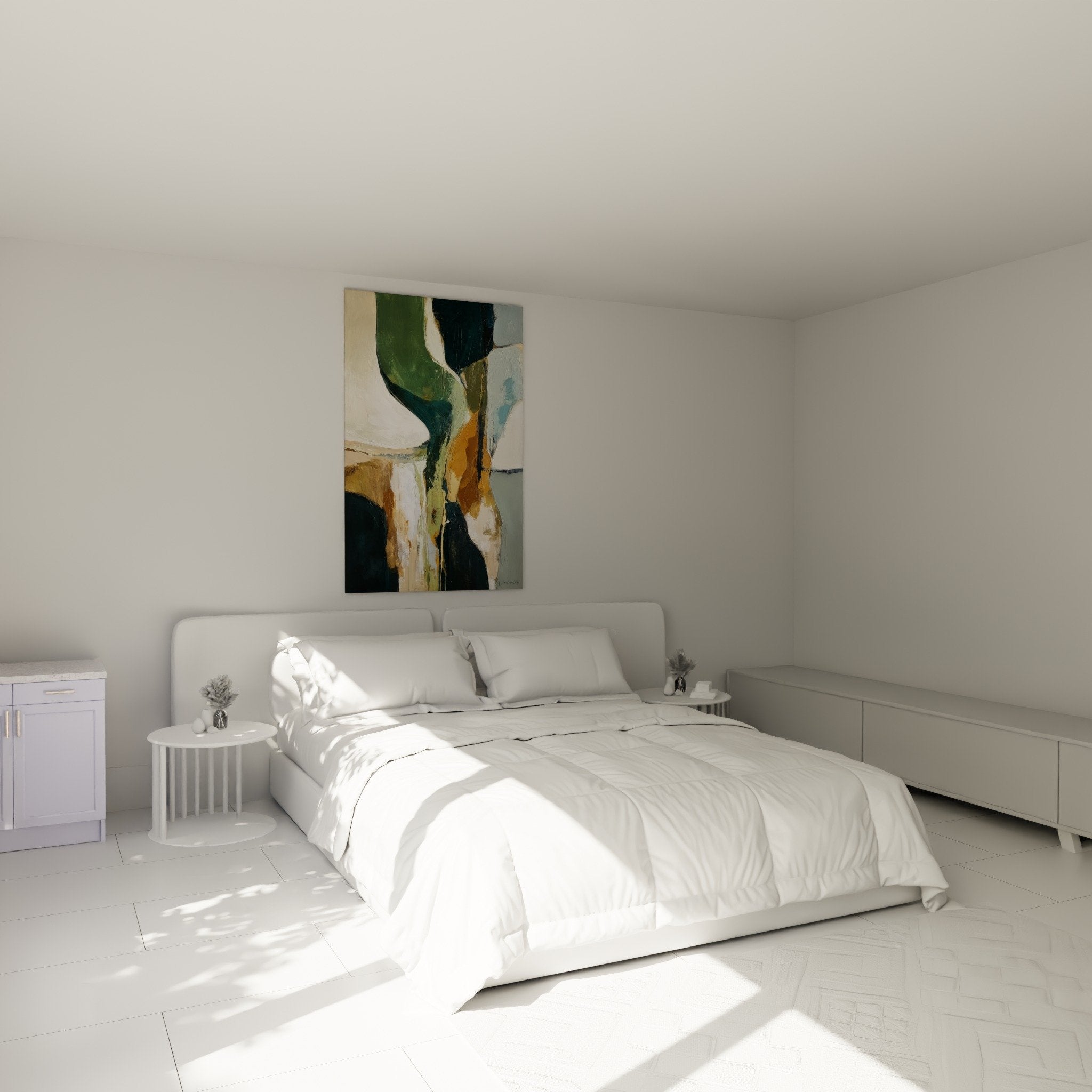 Tableau abstrait vert ocre blanc - Feng shui Est Bois