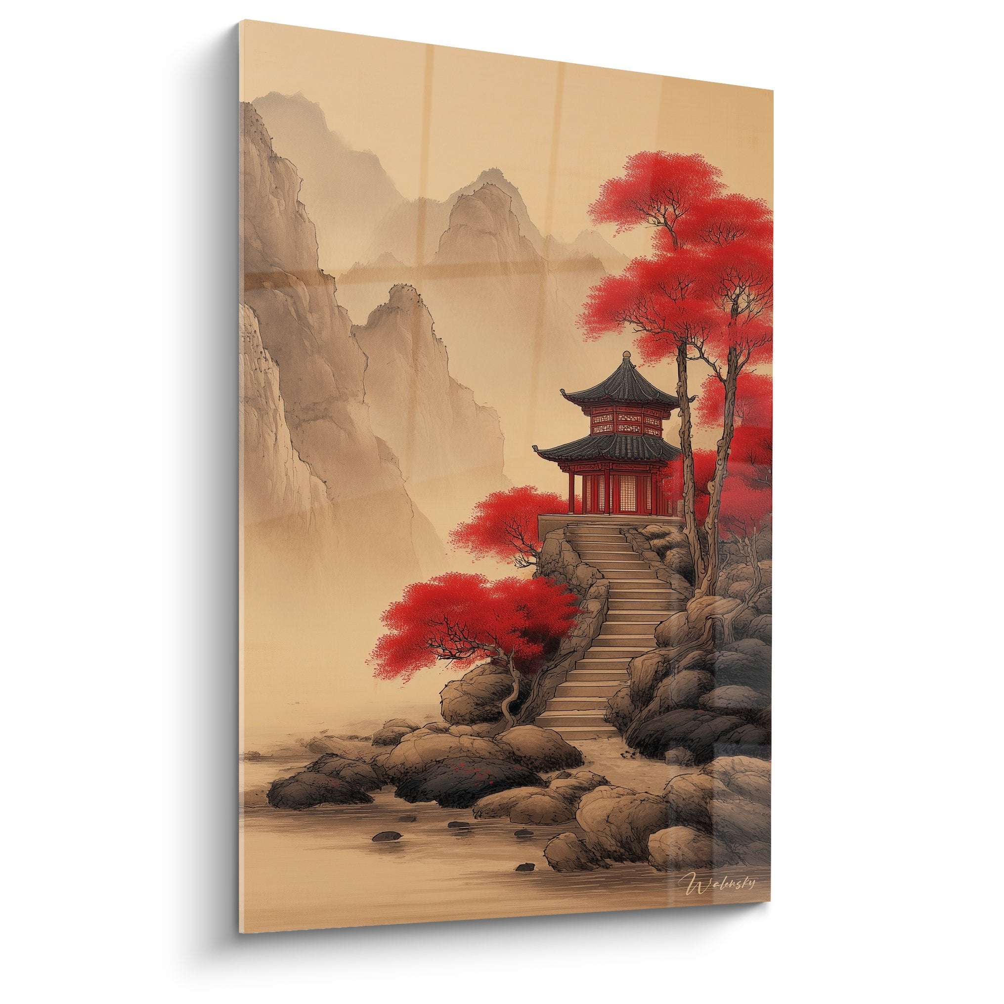 Japanese Pagoda Amber Mist Wall Art - Asian Fine Art