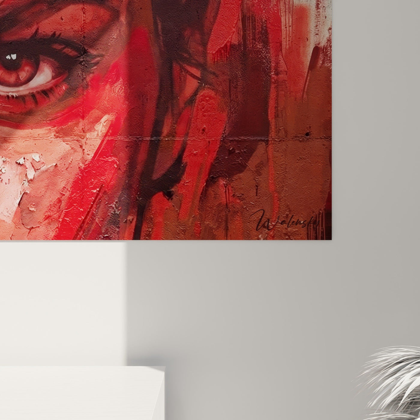 Red Urban Portrait Painting - Intense Street Art Gaze